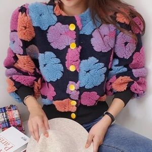 Jackets & Coats | Floral Jacket Bomber Puff Sleeve Coat Fuzzy 3d ...